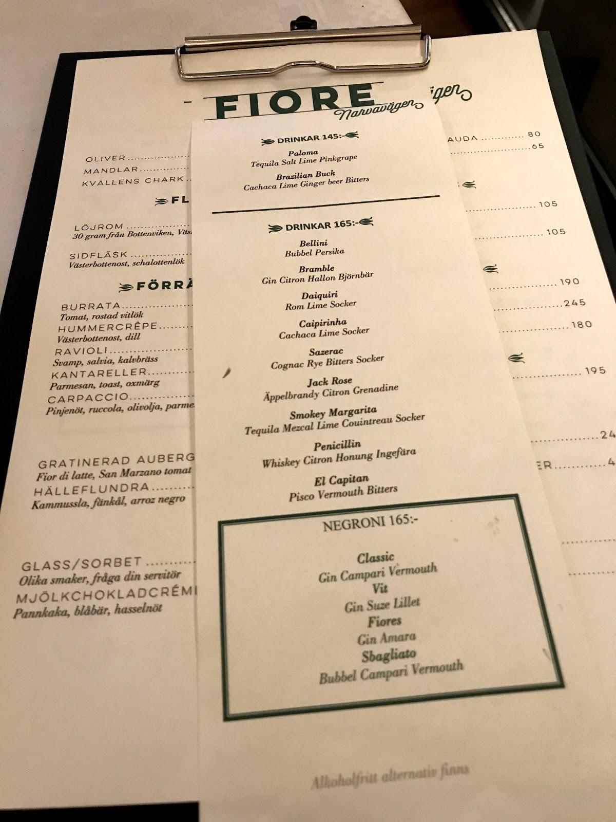 Menu at Fiore Narvavägen restaurant, Stockholm