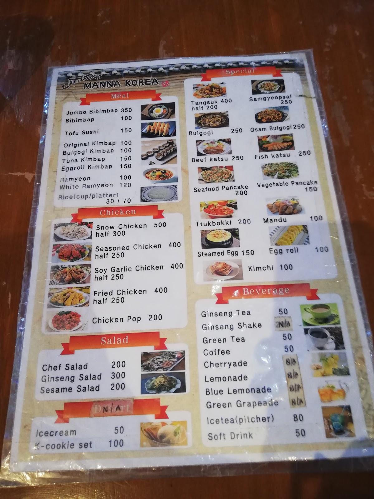 Menu at Manna Korea restaurant, Naga