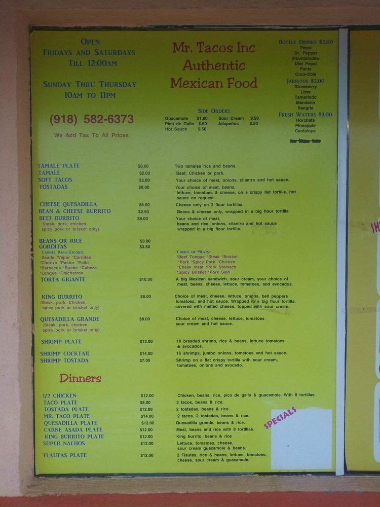 Menu at Mr Tacos restaurant, Tulsa, 130 N Lewis Ave