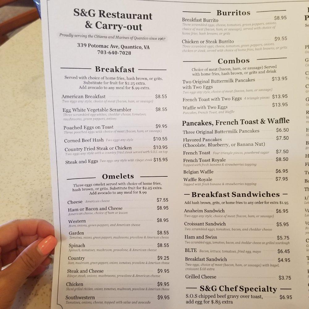 Menu at S & G Restaurant, Quantico