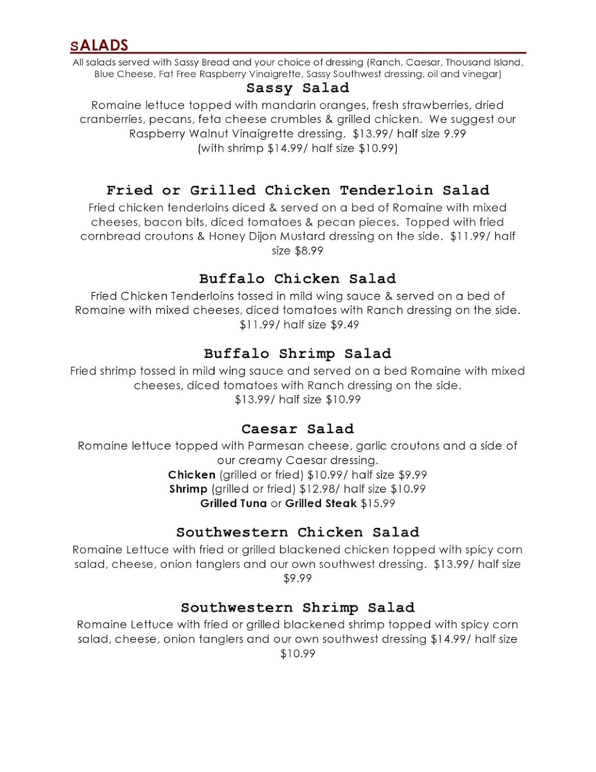 Menu at Sassy's Restaurant, Hurley