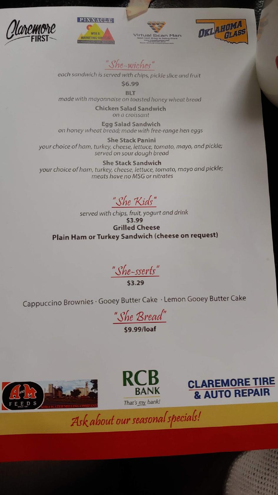 Menu at She Brews Coffee Roasters cafe, Claremore, 414 W Will Rogers Blvd