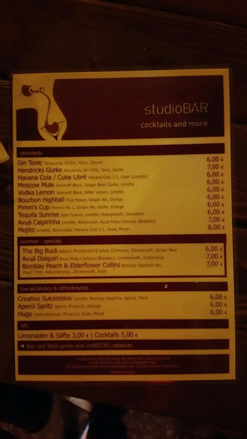 Menu at Studiobar, Dresden