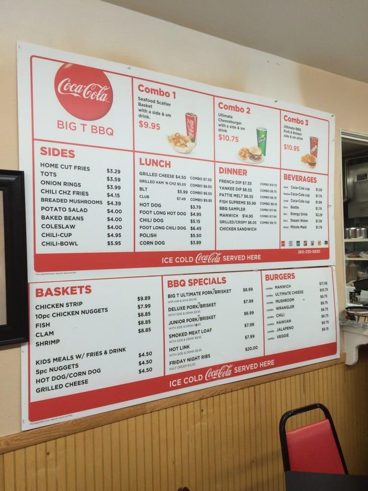 Menu at Big T BBQ, Centralia