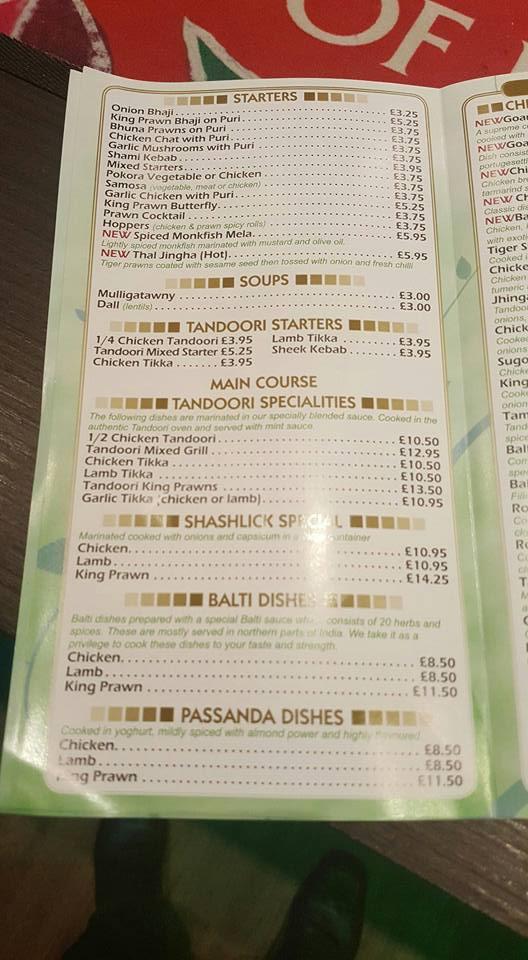 Menu at Cafe India, Huntly