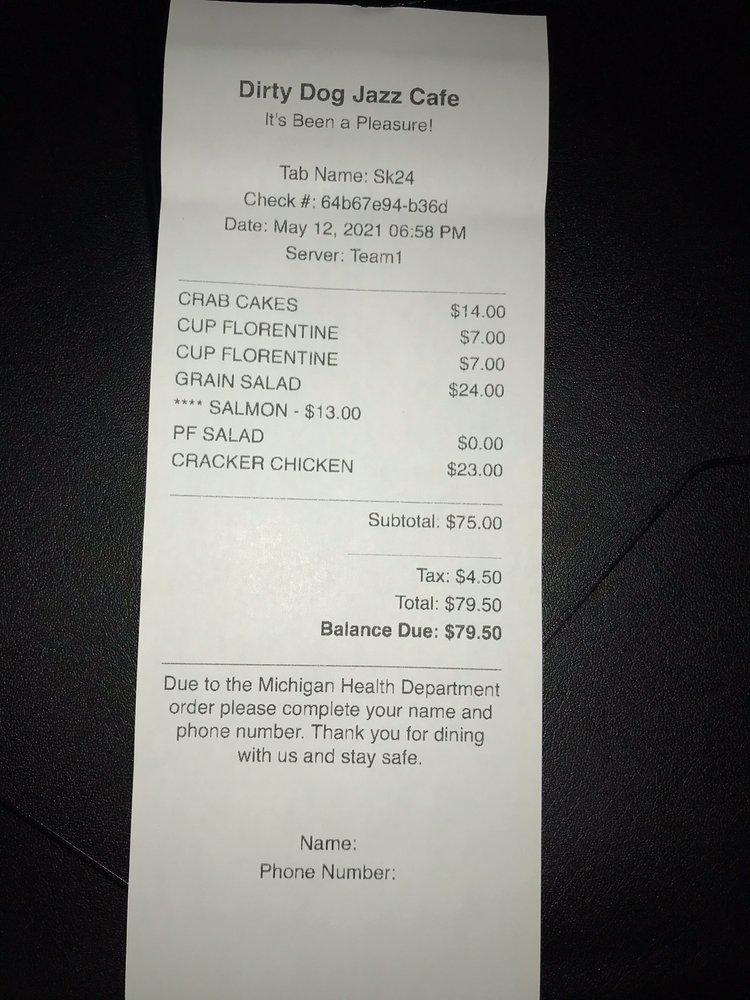 Menu at Dirty Dog Jazz Cafe, Grosse Pointe Farms
