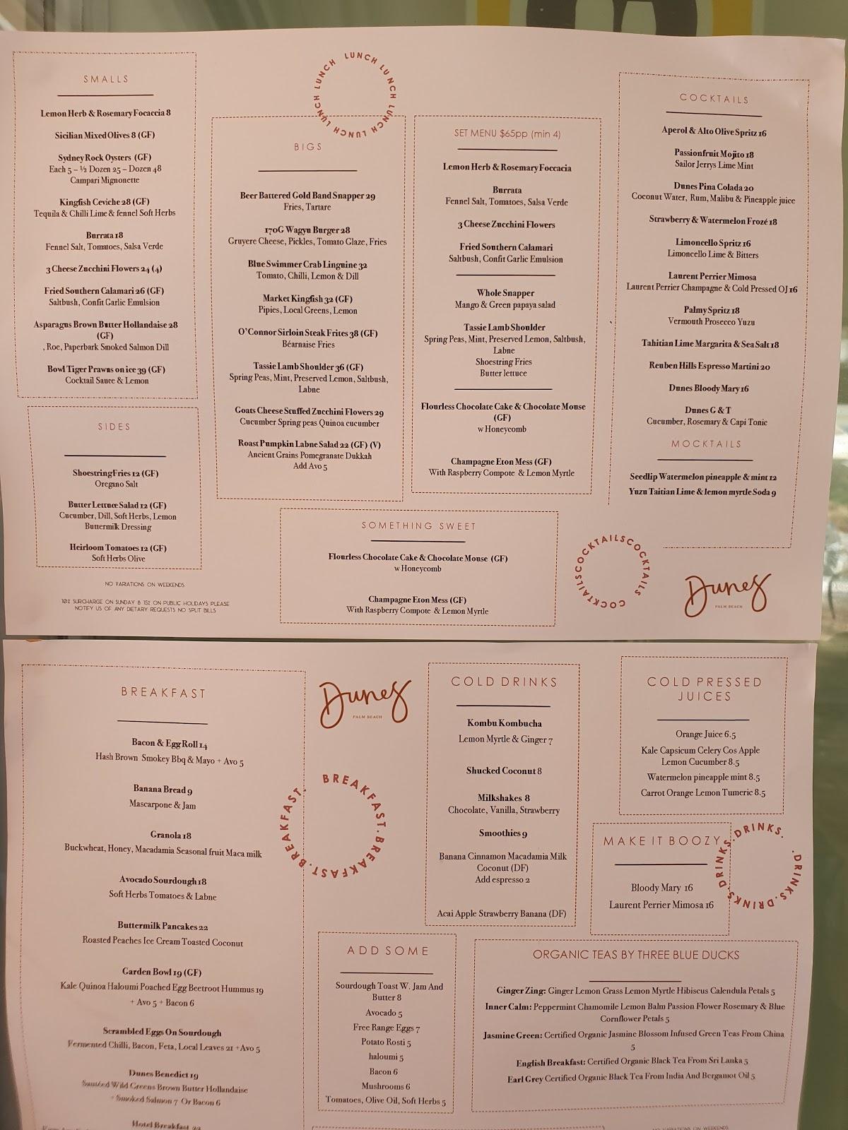 Menu at Dunes Palm Beach restaurant, Palm Beach