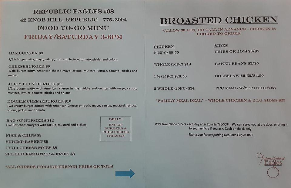 Menu at Fraternal Order of Eagle's #68 Republic, Wa, Republic