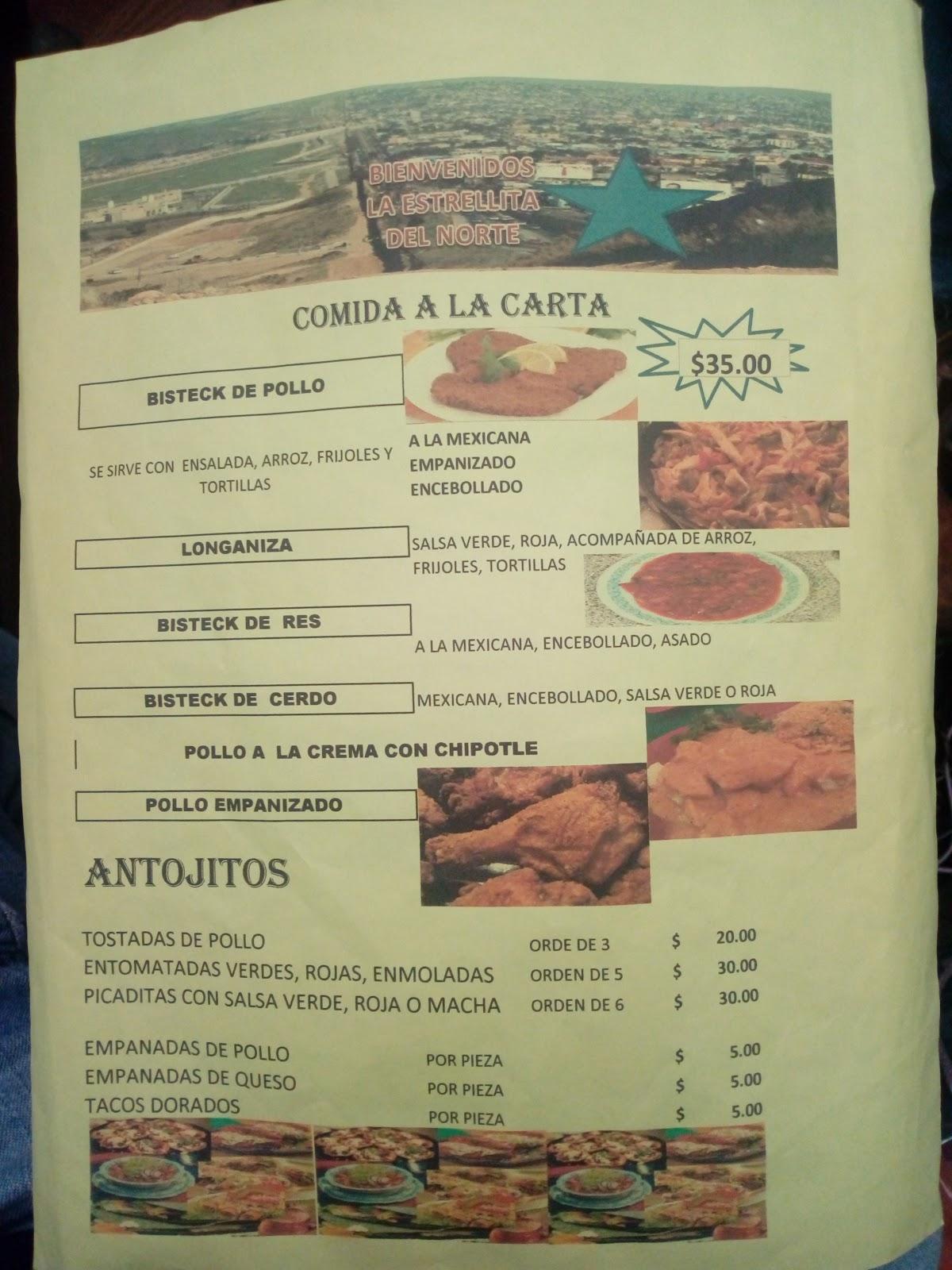 Menu at La Estrella del Norte restaurant, Mexico, Sábanas