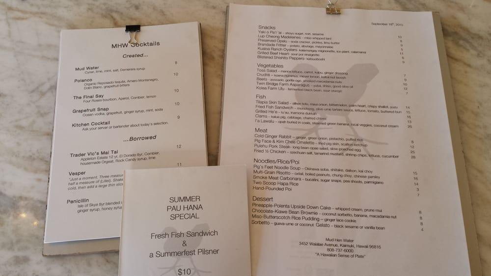 Menu at Mud Hen Water pub & bar, Honolulu, Waialae Ave