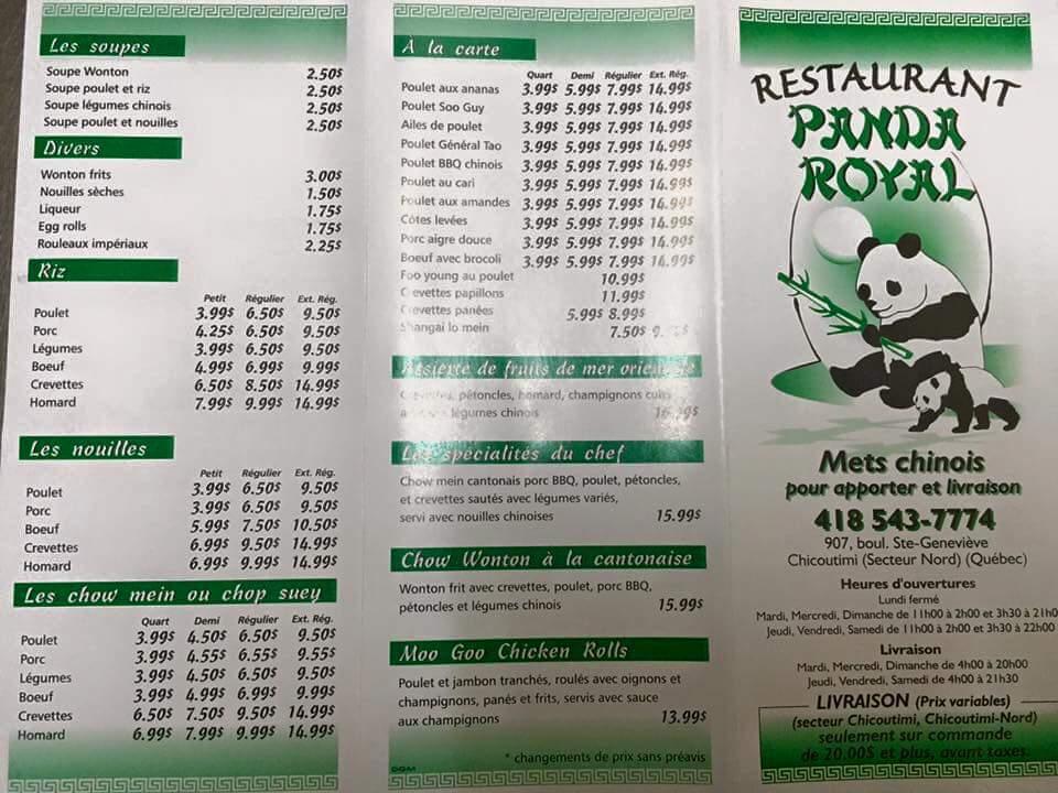 Menu au Panda Royal restaurant, Saguenay, 907 Boul. Sainte-Geneviève