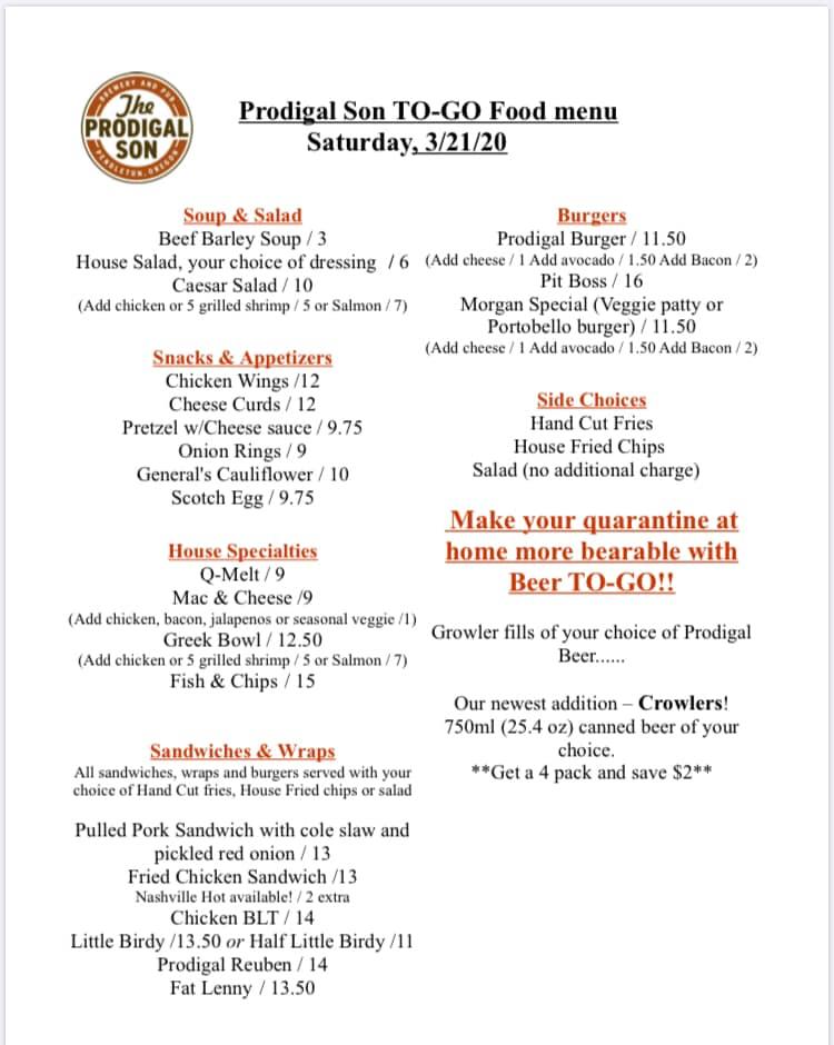 Menu at Prodigal Son Brewery & Pub, Pendleton