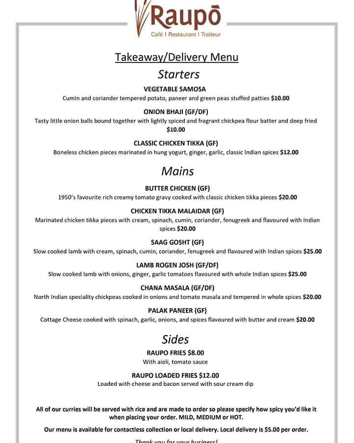 Menu at Raupo Cafe, Restaurant & Traiteur, Blenheim