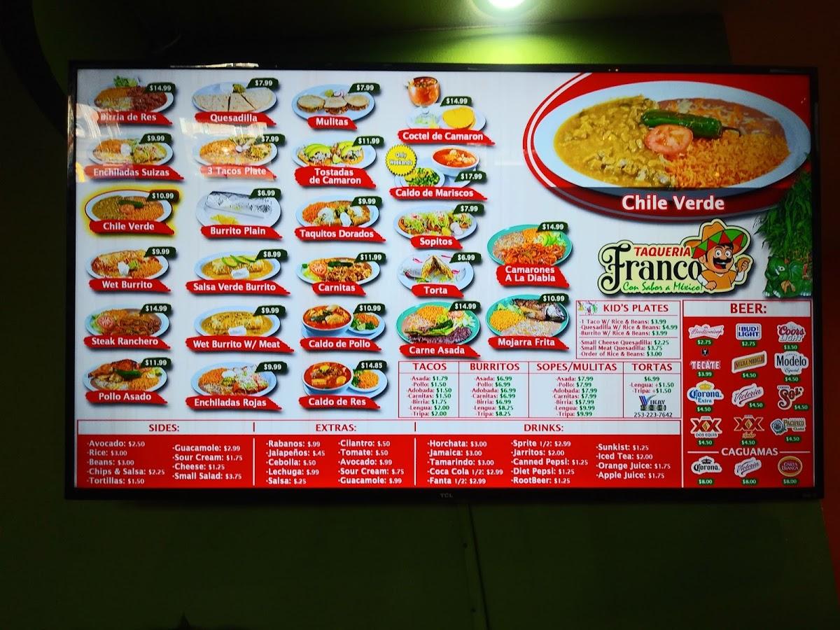 Menu at Taqueria Franco restaurant, Aberdeen, 401 W Heron St