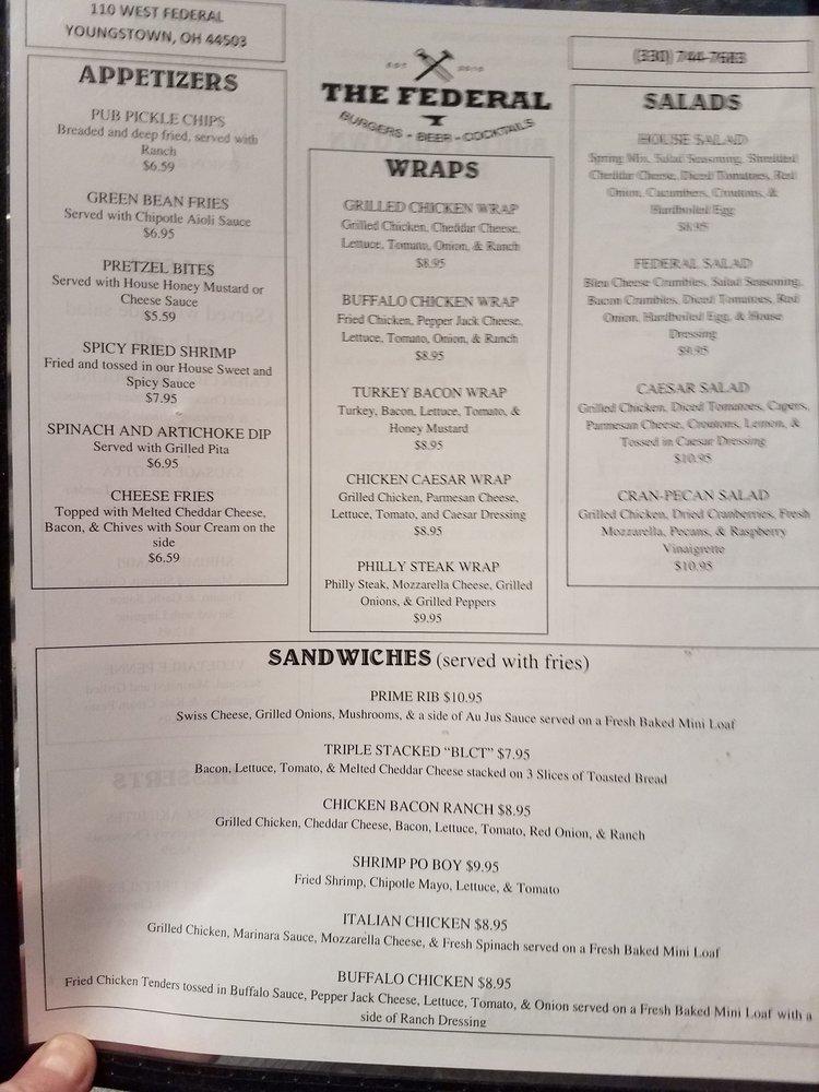 Menu at The Federal restaurant, Youngstown