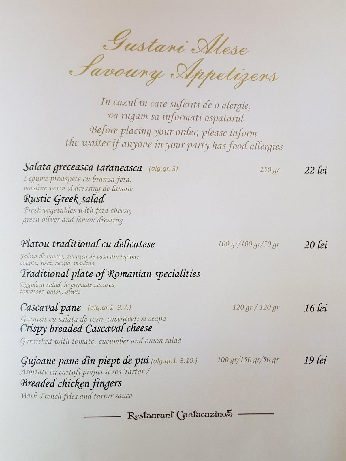 Menu at Vila Camelia, Sinaia