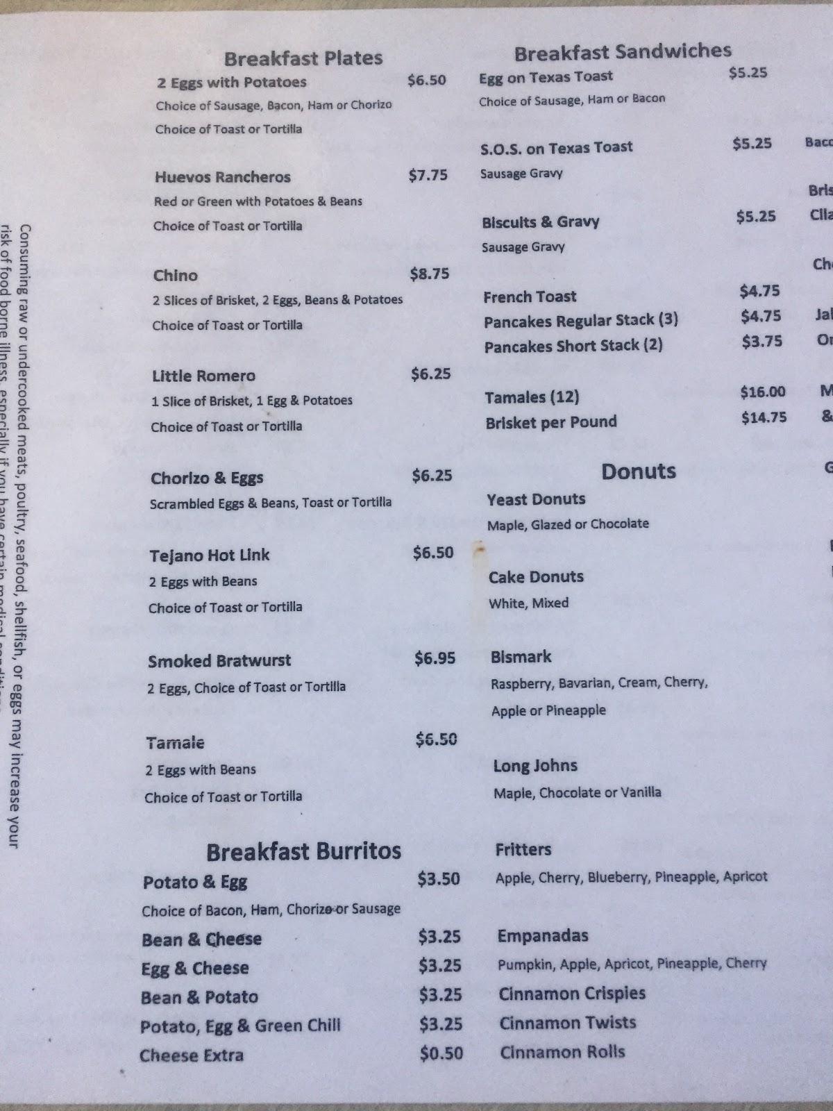 Menu at Yum-Yum's restaurant, Tularosa