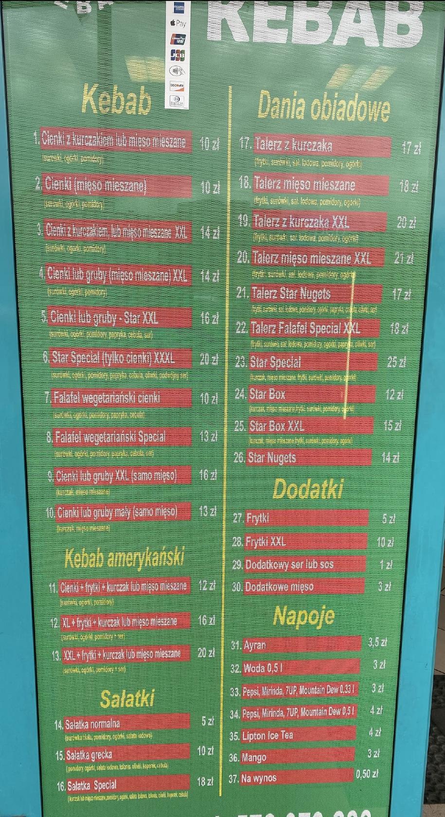 Menu at BD STAR KEBAB restaurant, Kwidzyn