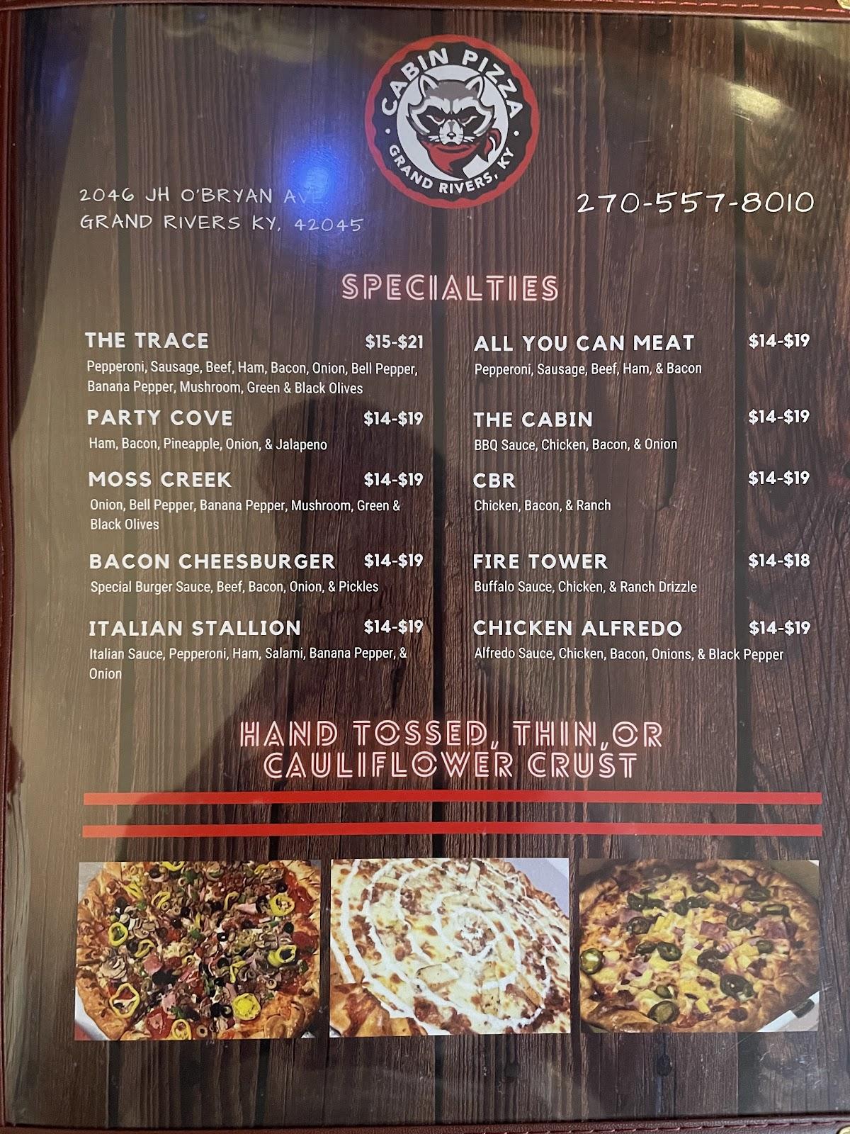 Menu at Cabin Pizza pizzeria, Grand Rivers, J H O'Bryan Ave