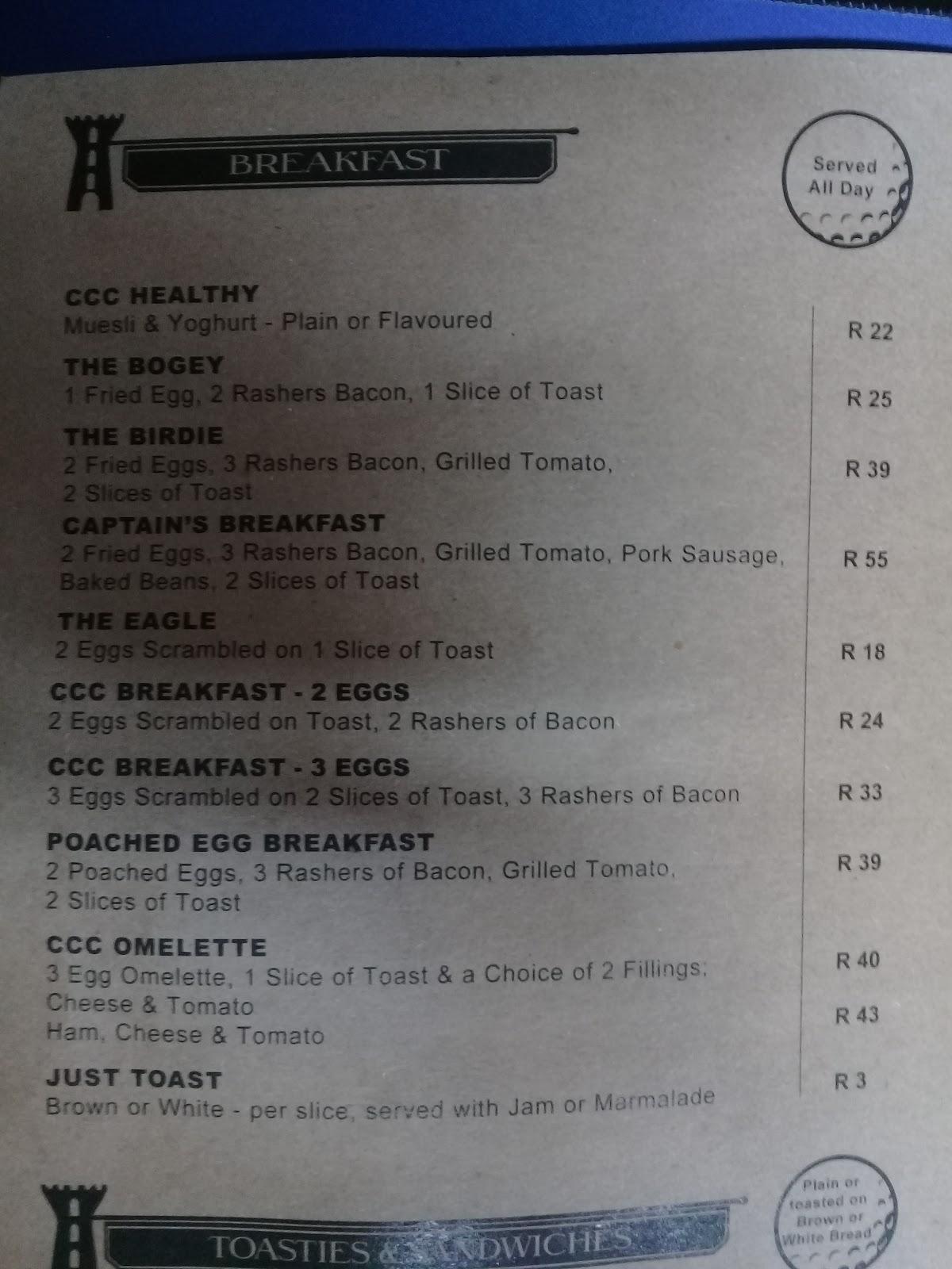 Menu at Camelot Country Club Restaurant, Outer West Durban