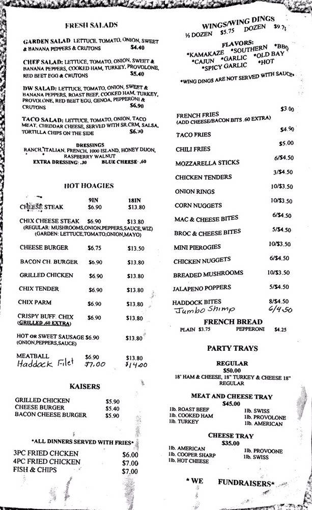 Menu at DW's Deli & Hoagies, Shamokin