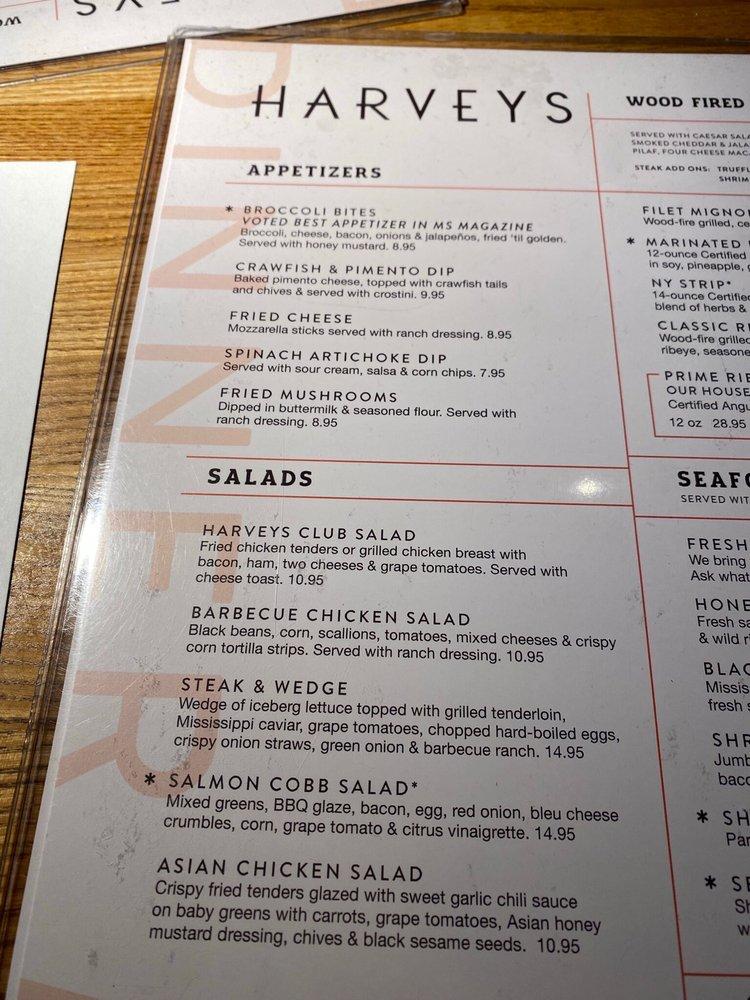 Menu at Harveys steakhouse, Tupelo