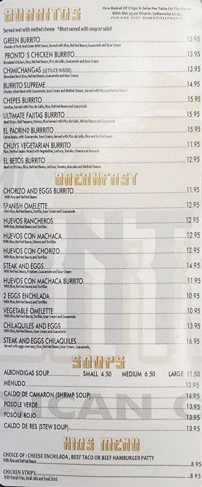 Menu at Muy Pronto's Mexican grill restaurant, Torrance
