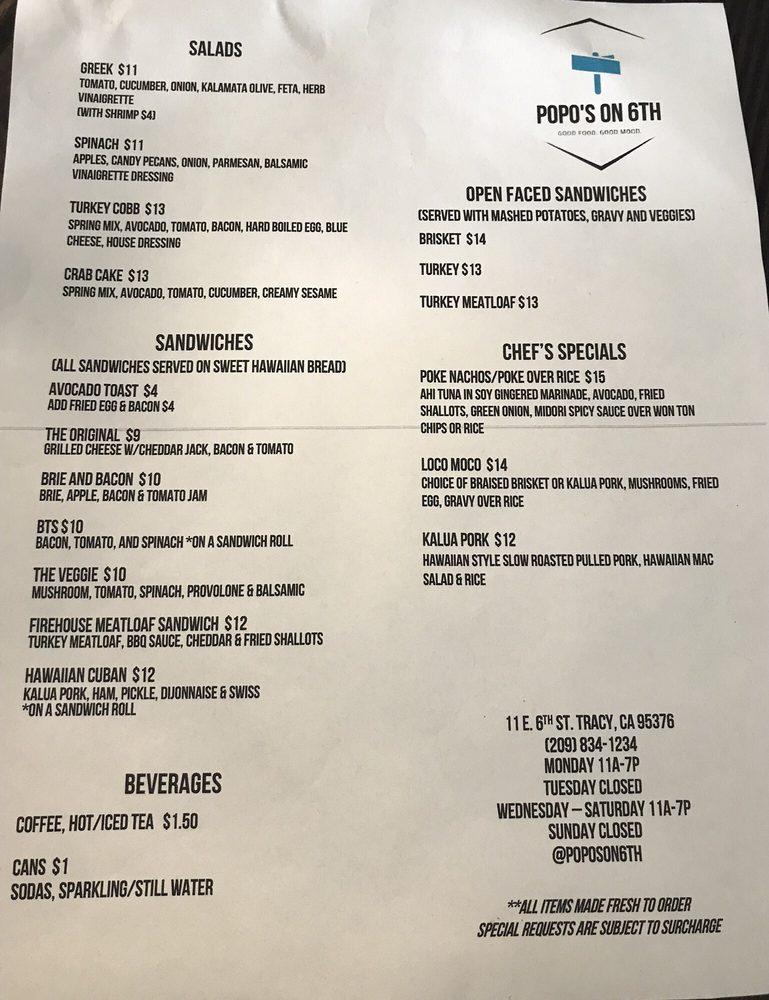 Menu at Popo's on 6th cafe, Tracy