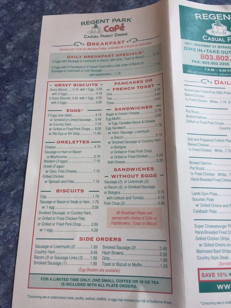 Menu at Regent Park Cafe, Fort Mill, US-21