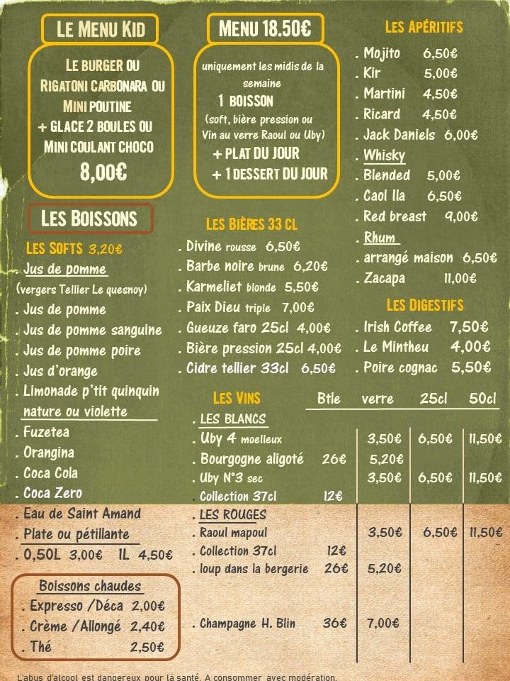 Menu au Soul kitchen restaurant, Saint-Amand-les-Eaux