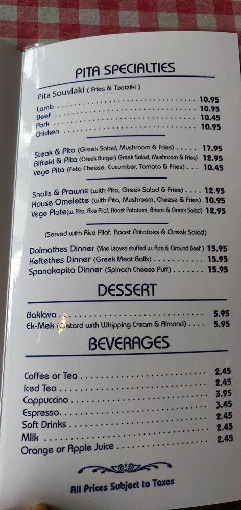 Menu at Stepho's Souvlaki Greek Taverna restaurant, Vancouver, Davie St