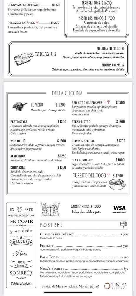Menu at Tinto Bistro restaurant, Villa La Angostura, Av. Arrayanes 305