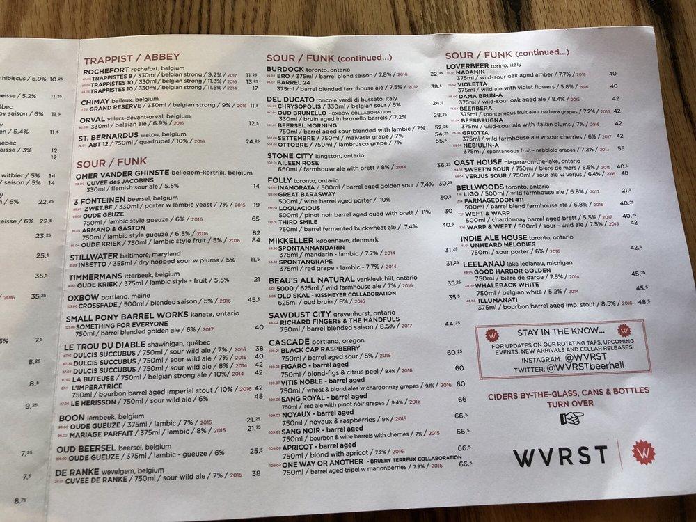 Menu at WVRST pub & bar, Toronto, 609 King St W