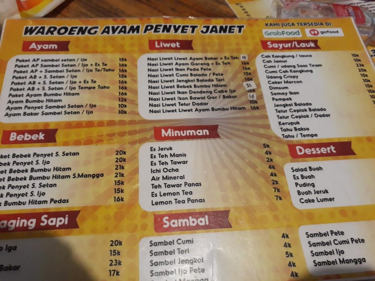 Menu at Ayam penyet janet restaurant, Tangerang