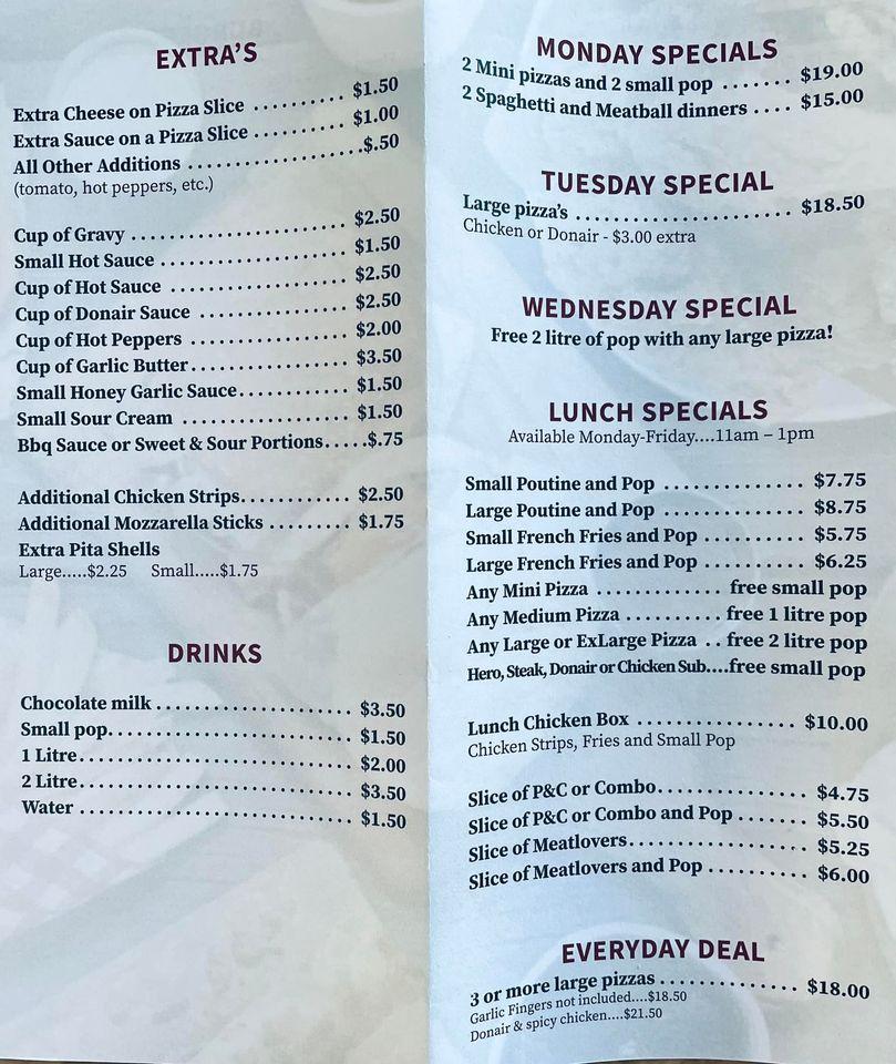 Menu at Big Daddy Pizza pizzeria, New Waterford