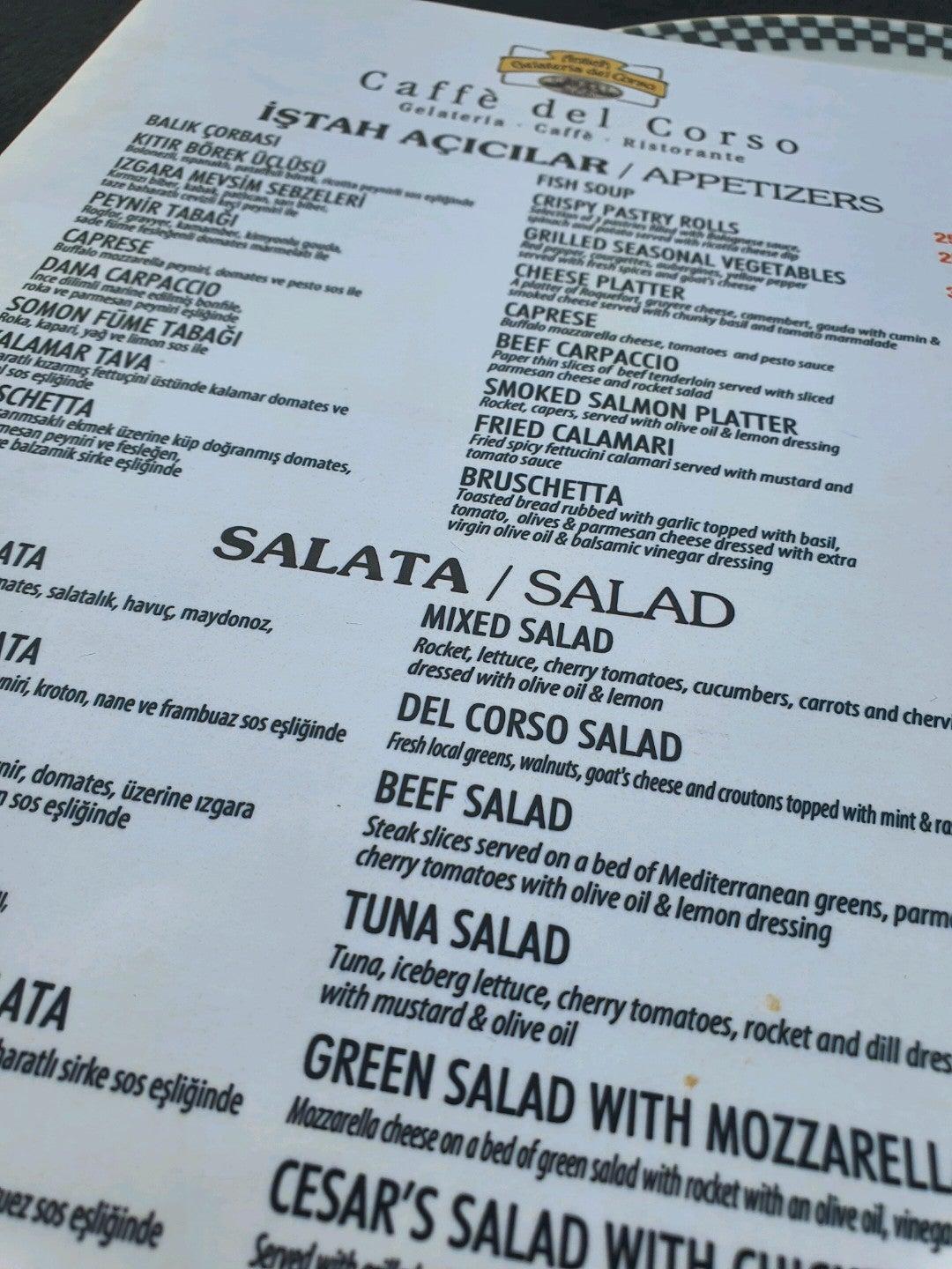 Menu at Caffe del Corso Marina, Bodrum