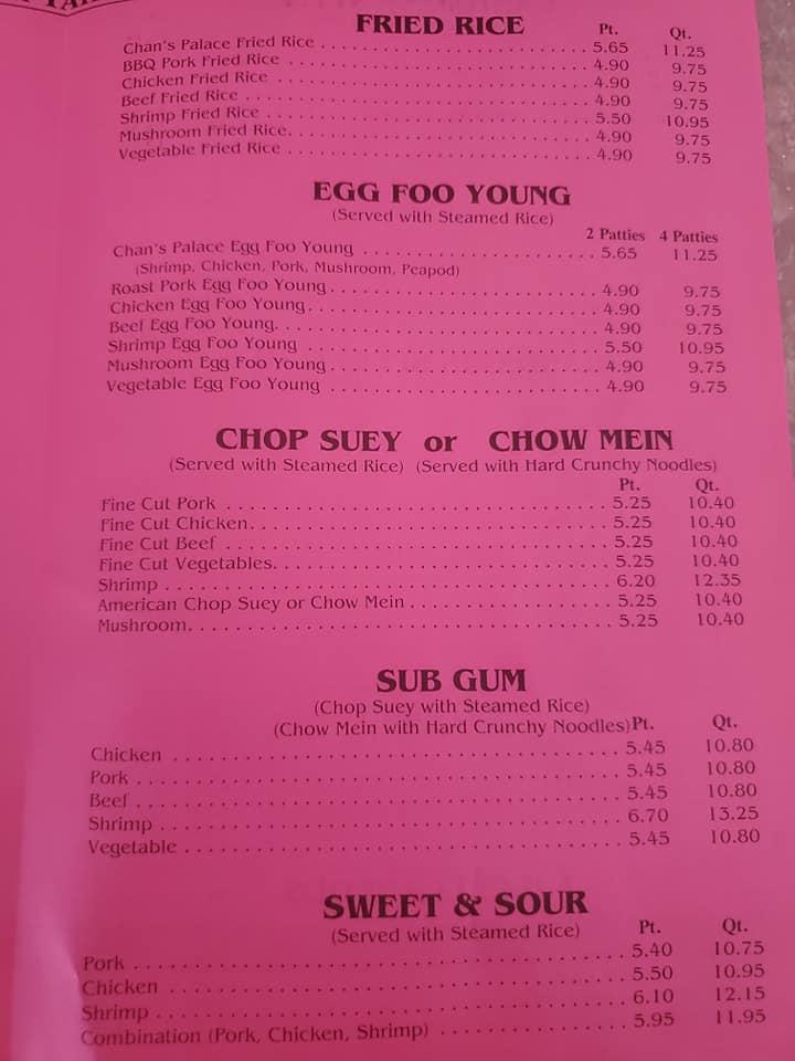 Menu at Chan's Palace restaurant, Paw Paw
