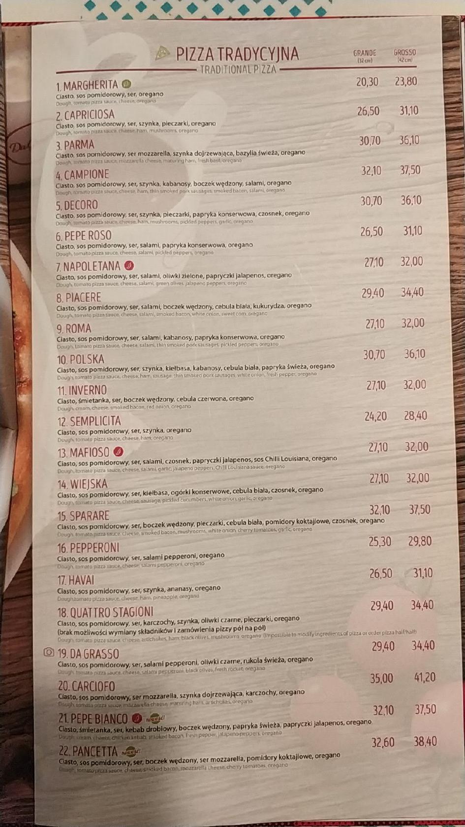 Menu at Da Grasso restaurant, Plock, Walecznych 9A