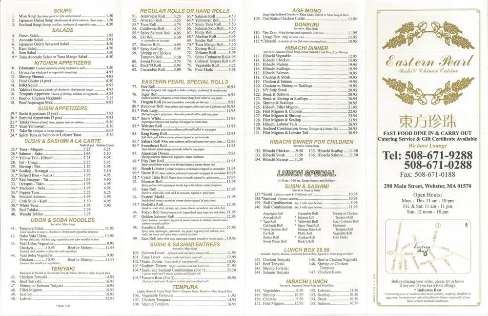 Menu at Eastern Pearl restaurant, Webster