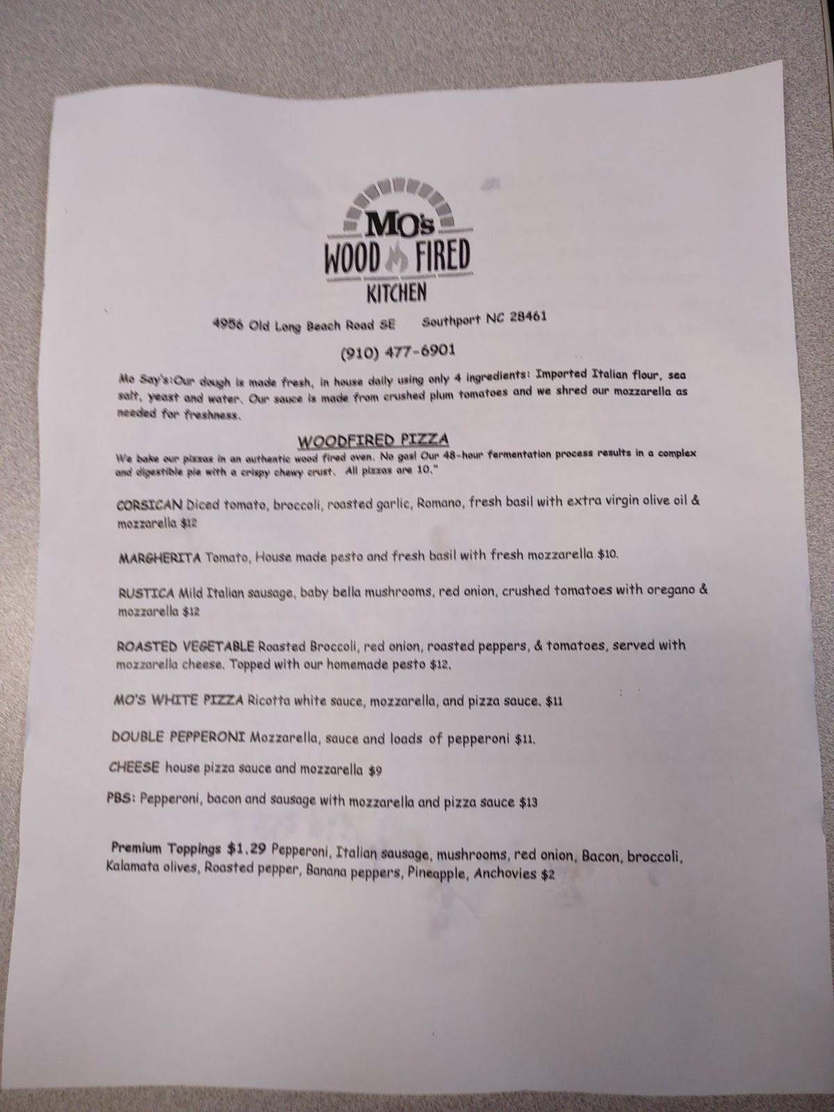 Menu at Mo's Wood fired Kitchen pizzeria, Southport