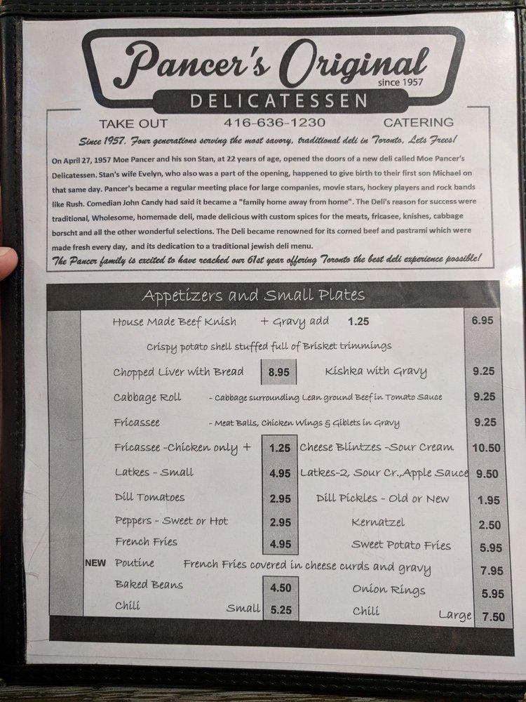 Menu at Pancer's Original Deli restaurant, Toronto