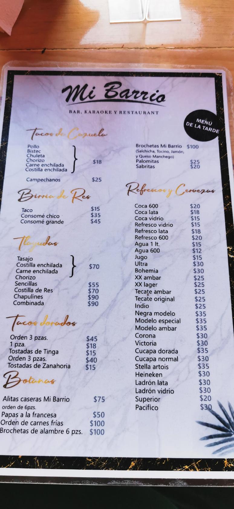 Menu at Restaurant Mi Barrio, Yosobee