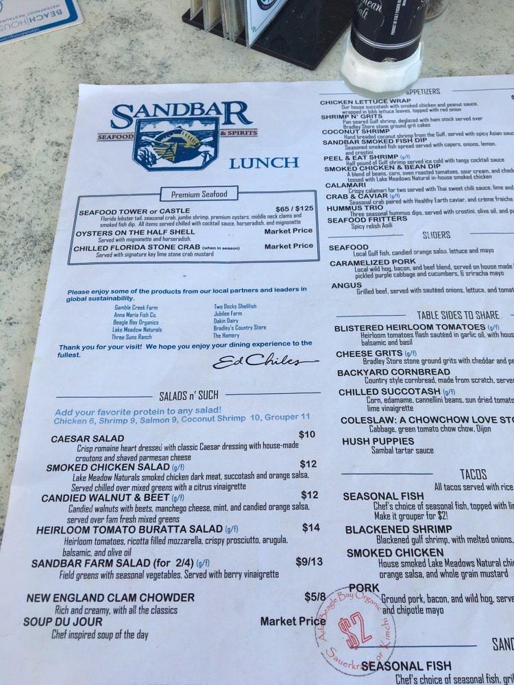Menu at Sandbar Seafood and Spirits, Anna Maria