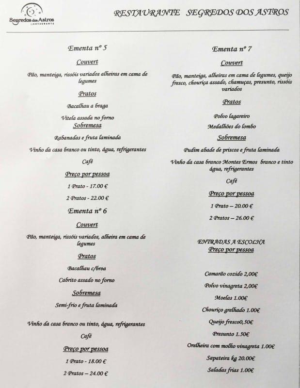 Menu em Restaurante Segredos dos Astros, Braga