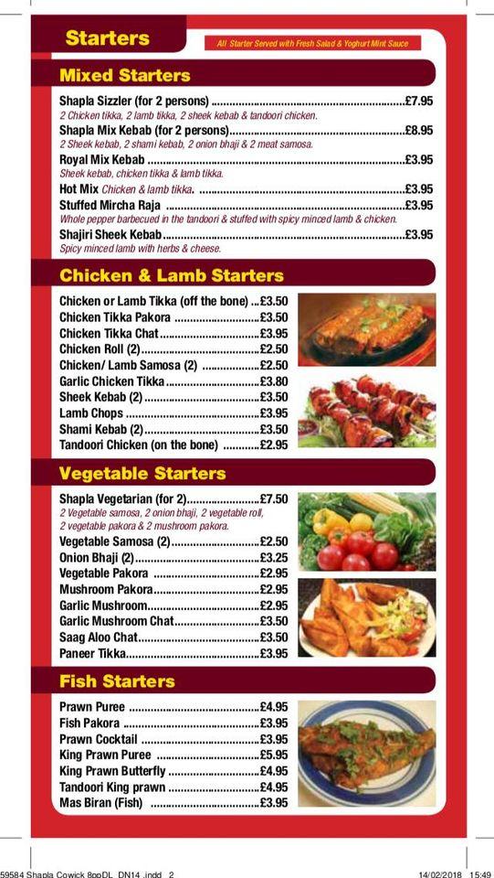 Menu at Shapla Indian restaurant, Carlton