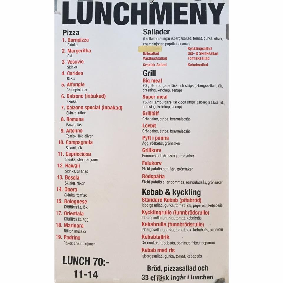 Menu at Stigtomta Pizzeria, Stigtomta
