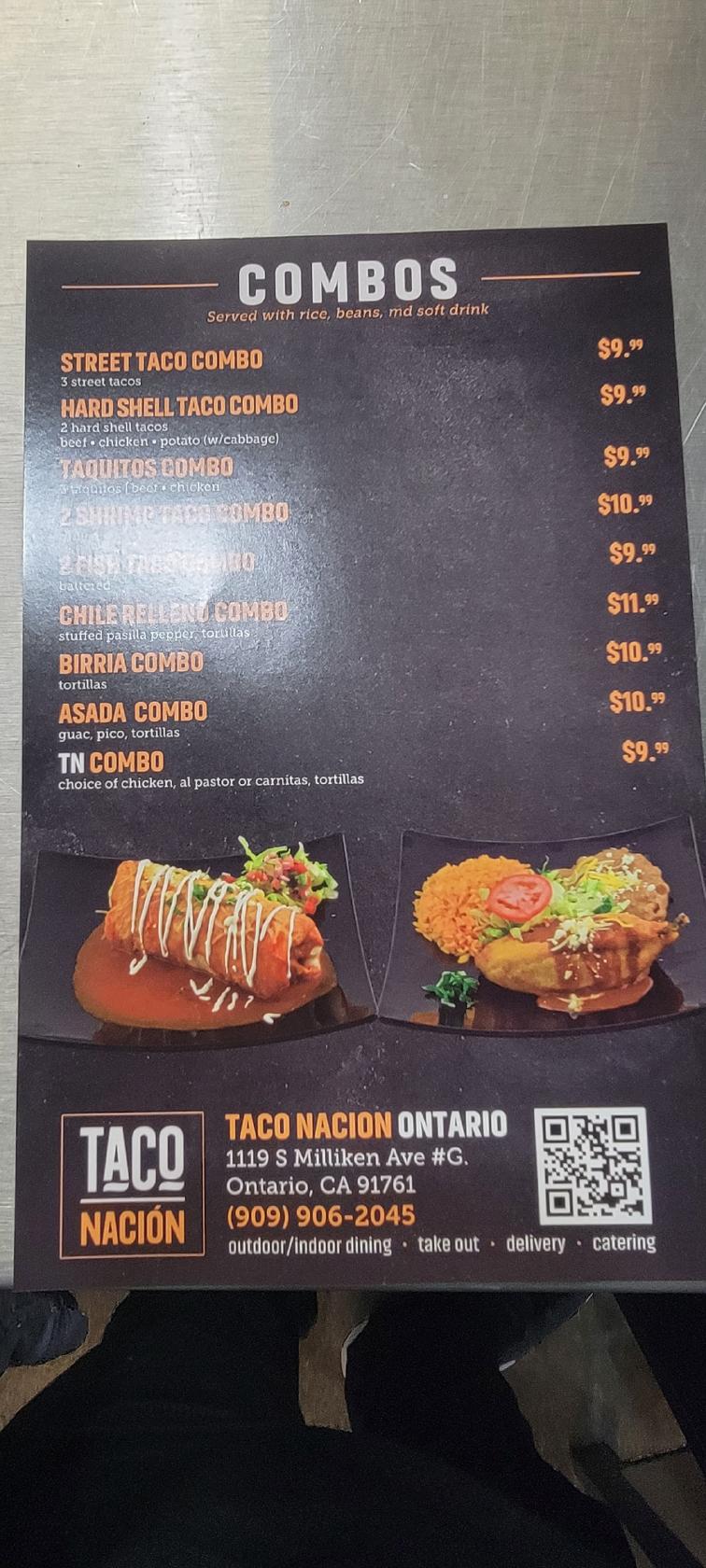 Menu at Taco Nacion restaurant, Ontario