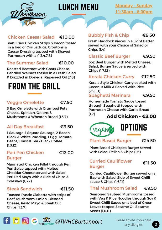 Menu at The Wheelhouse Cafe, Burtonport