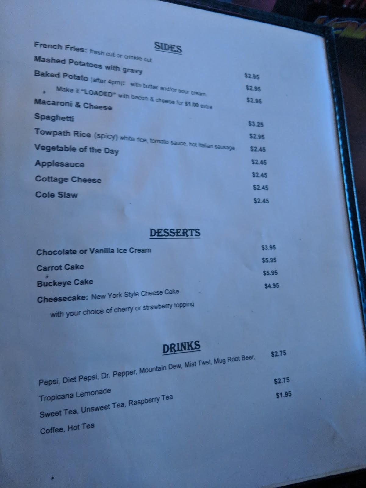 Menu at Towpath Tavern pub & bar, Bolivar, 225 Canal St