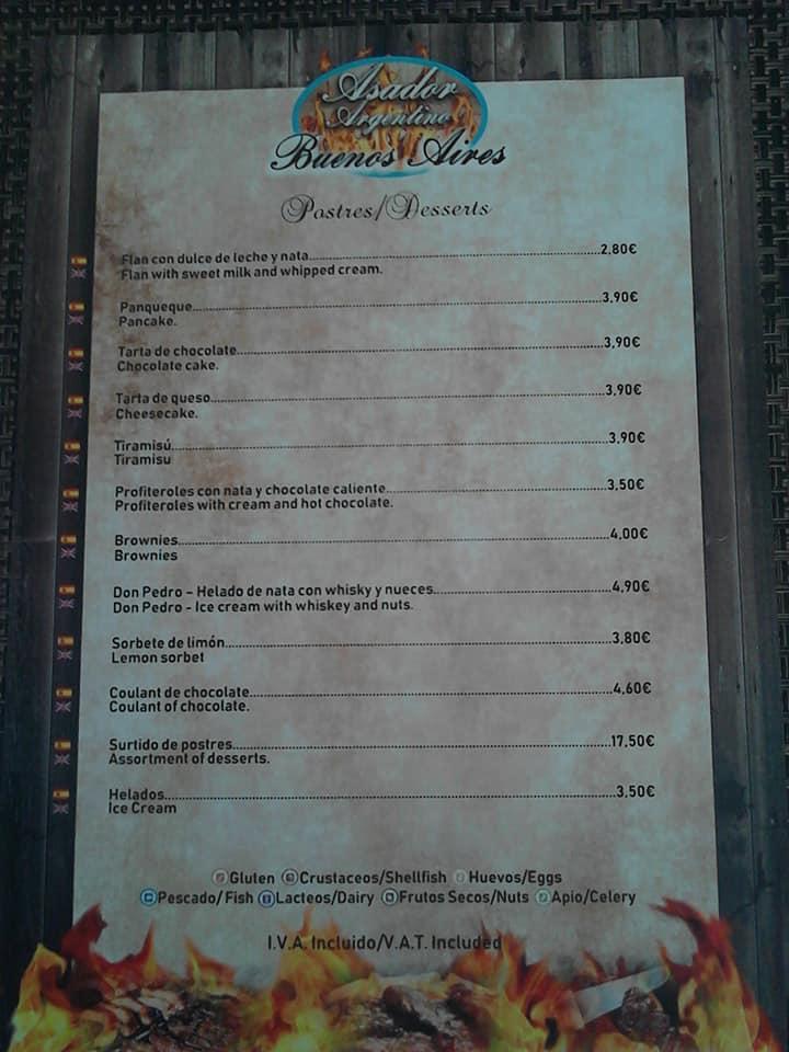 Menu at Steak House Buenos Aires Asador restaurant, Rojales
